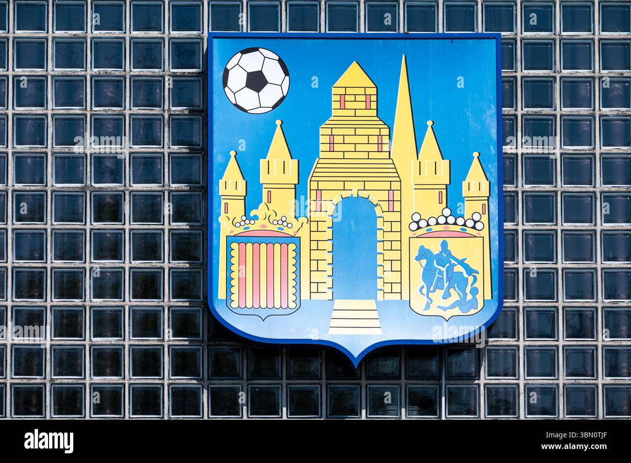 Sign and logo at the stadium of the soccer team of KVC Westerlo ...