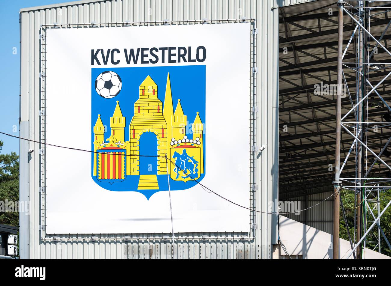 Sign and logo at the stadium of the soccer team of KVC Westerlo ...