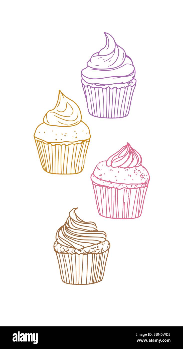 Cupcakes illustration set line art. Sweet desserts pastries bakery ...
