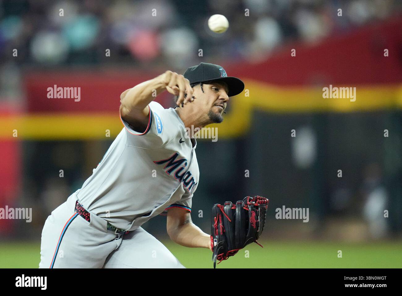 Miami Marlins starting pitcher Eury Pérez throws against the Arizona ...