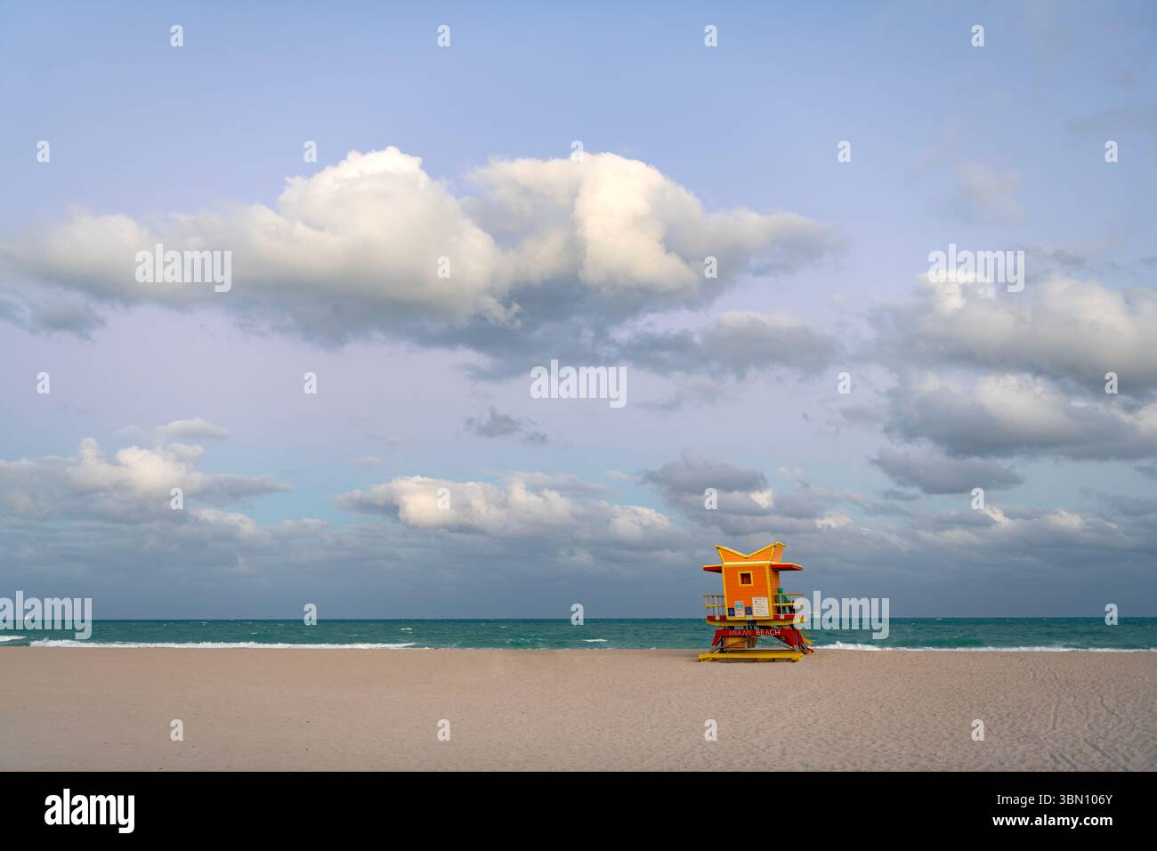 Lifeguard over Miami beach. Panoramic seascape of famous coastline ...