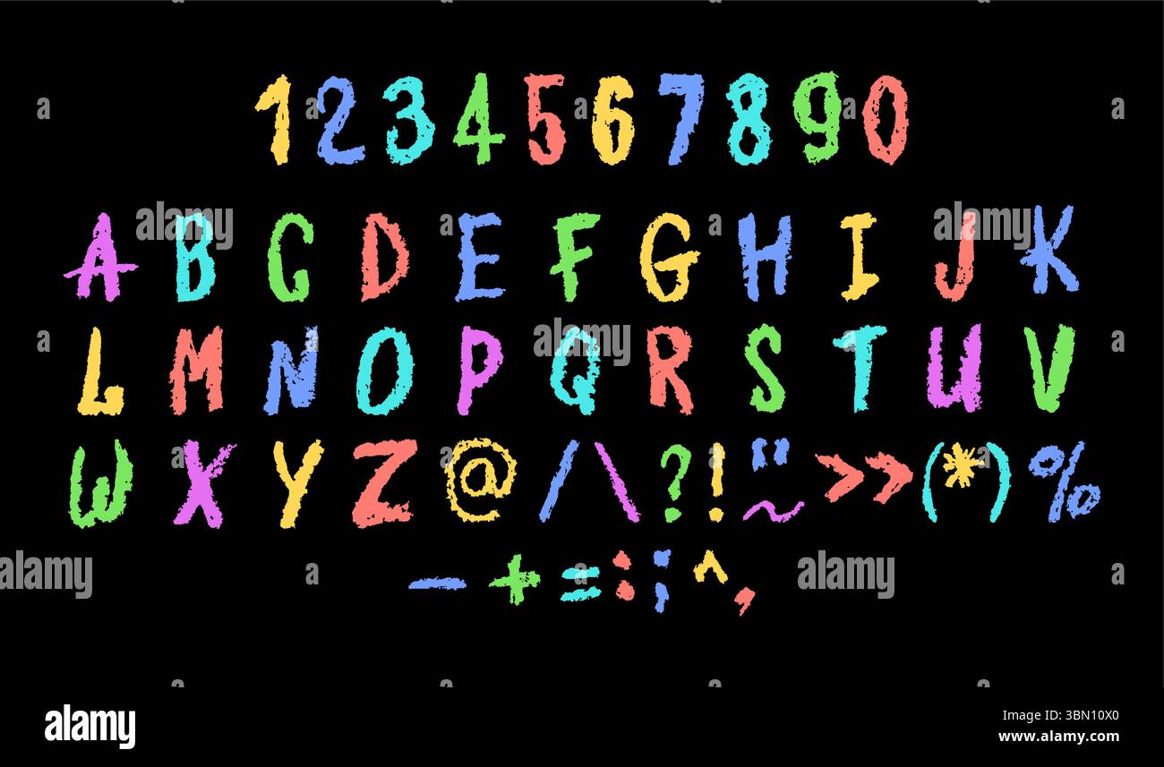 English alphabet and numbers 0-9, hand-drawn in colorful wax crayon or ...