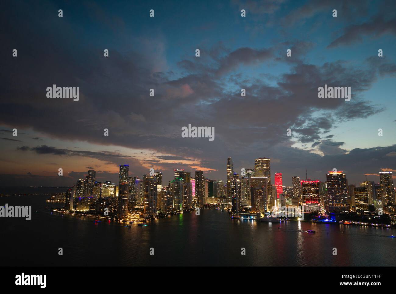 Famous landmarks of Miami Brickell from above on sunset. Drone view of ...