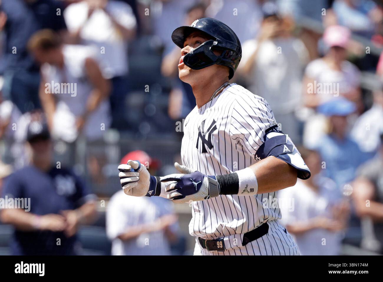New York Yankees' Aaron Judge reacts after hitting a two-run home run ...
