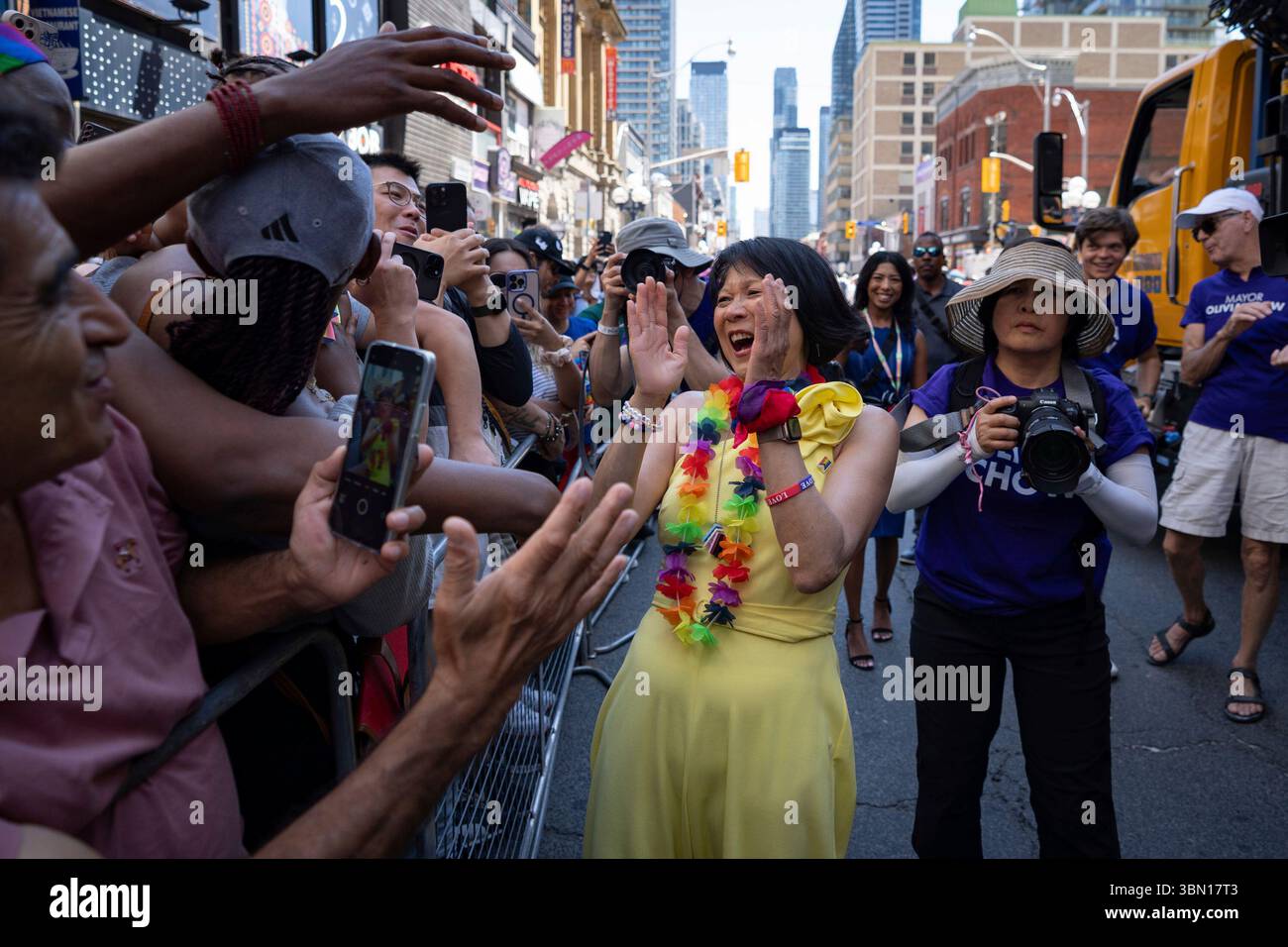 Mayor of Toronto Olivia Chow greets revelers in the Pride Parade on Sunday, June 29, 2025, in ...