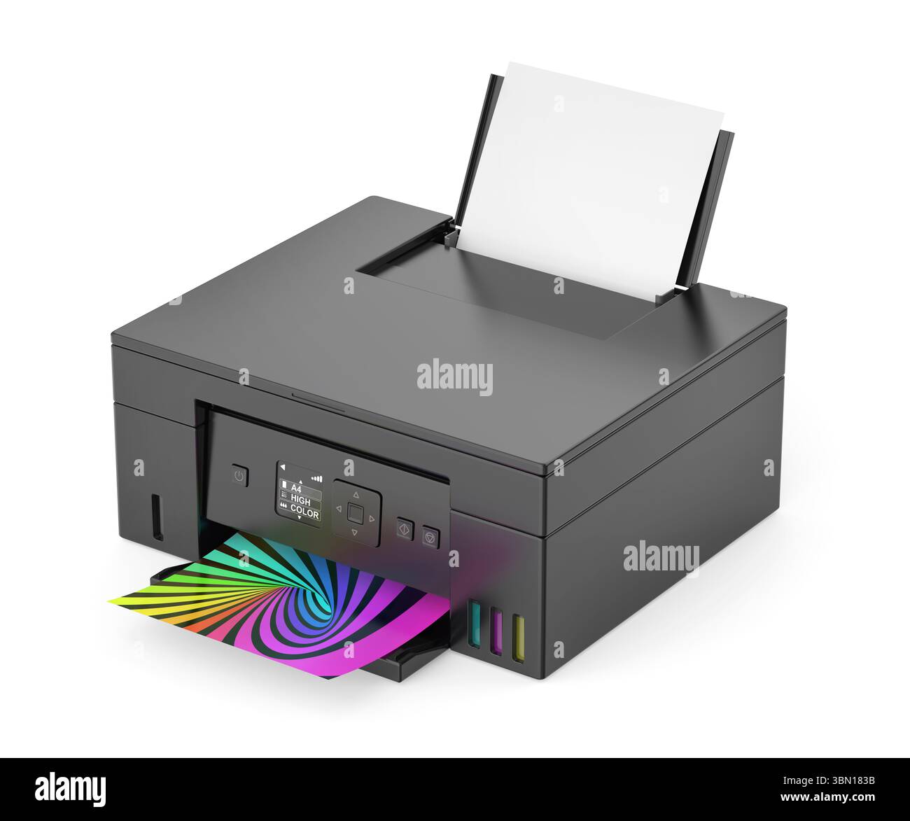 Printing a photo on an inkjet color printer on a white background Stock ...