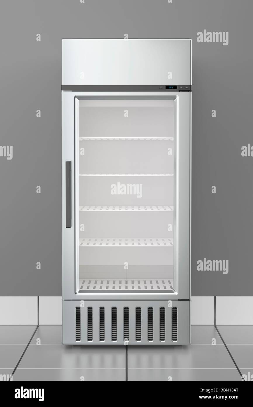 Front view of an empty silver supermarket beverage refrigerator Stock ...
