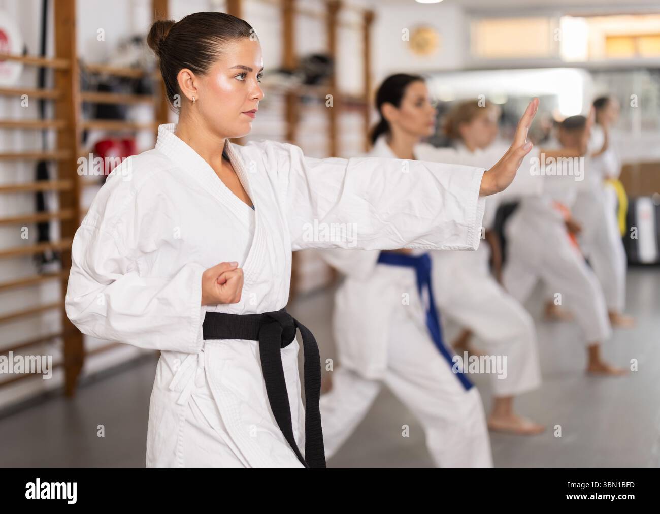 Women practice fighting stances during karate Stock Photo - Alamy