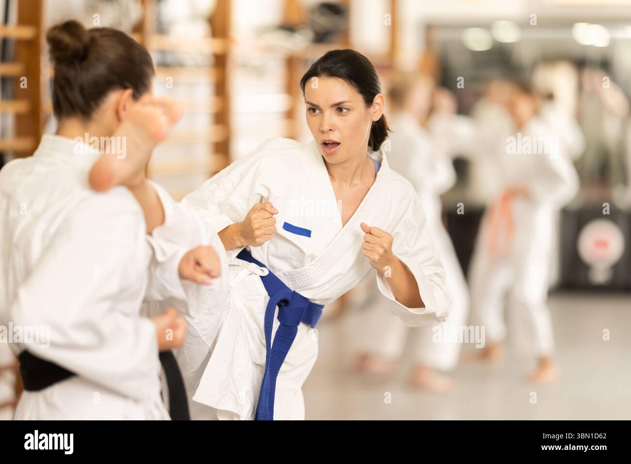 Young female attendee of karate classes fighting with partner in sports ...