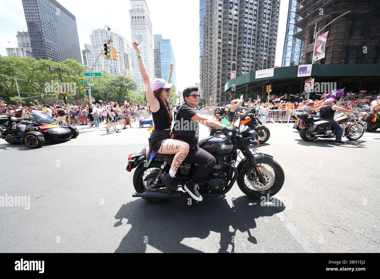 Members of the Sirens MC NYC ride down the route during the NYC Pride ...