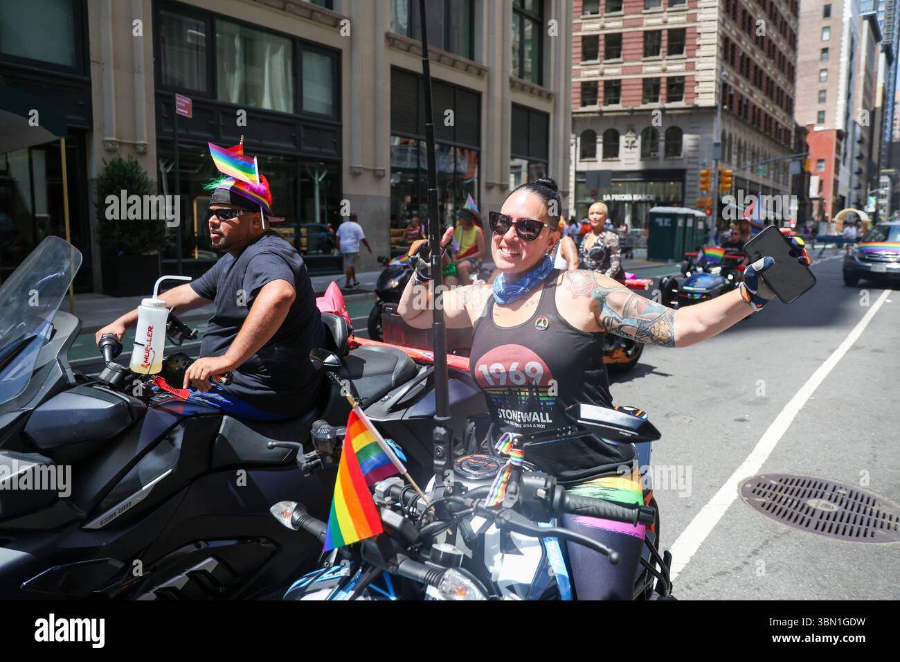 Members of the Sirens MC NYC ride down the route during the NYC Pride ...