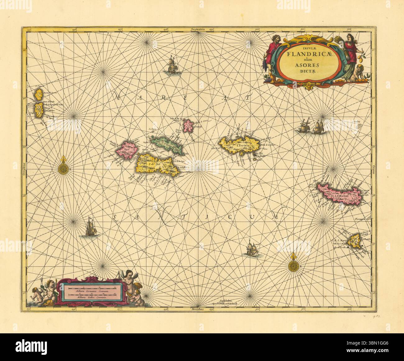 Sea chart map of the Azores, by Valk & Schenk, 1690 Stock Photo - Alamy