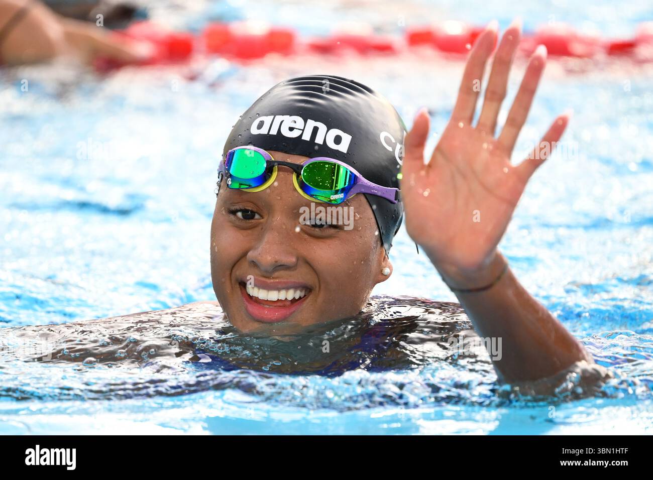 Sara Curtis of Italy reacts after competing in the 100m Freestyle Women ...