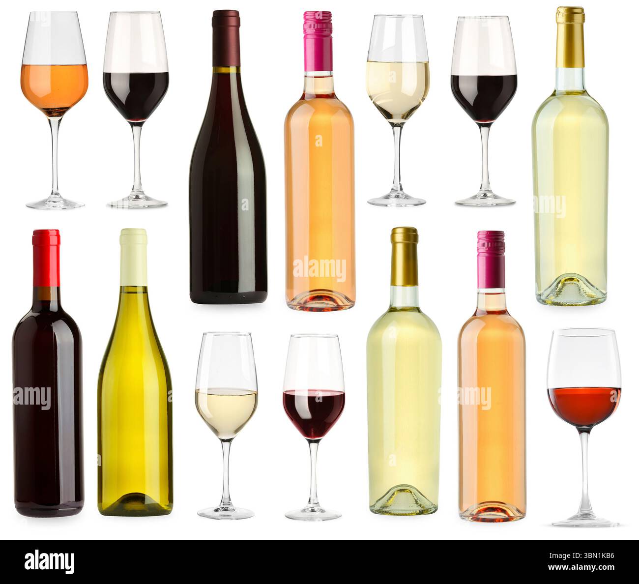 Different types of wine, set. Bottles and glasses isolated on white ...