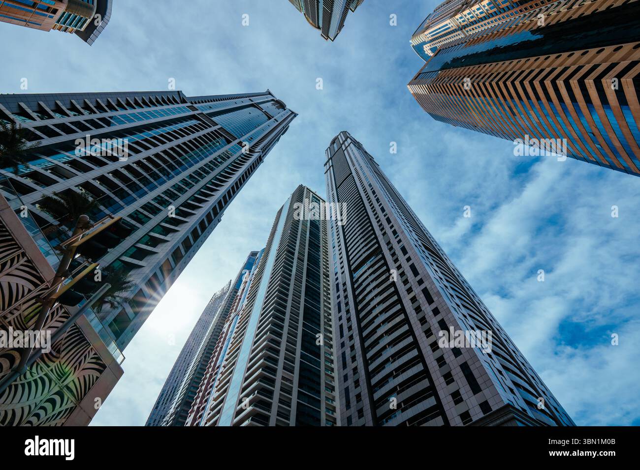 Dubai - February 07, 2024: high skyscrapers wide angle view from below ...