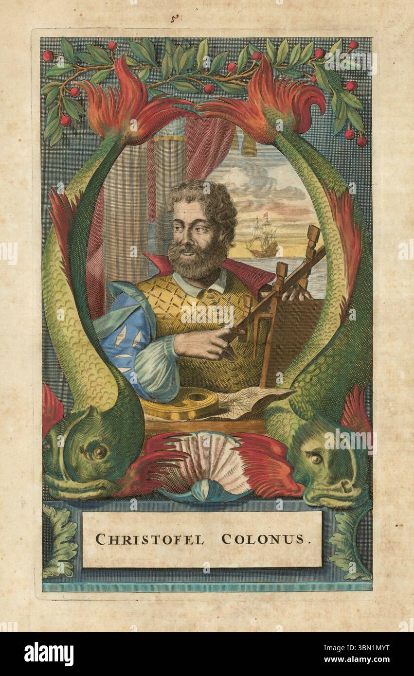 Christopher Columbus, with a sextant in hand and sea charts . Vintage ...