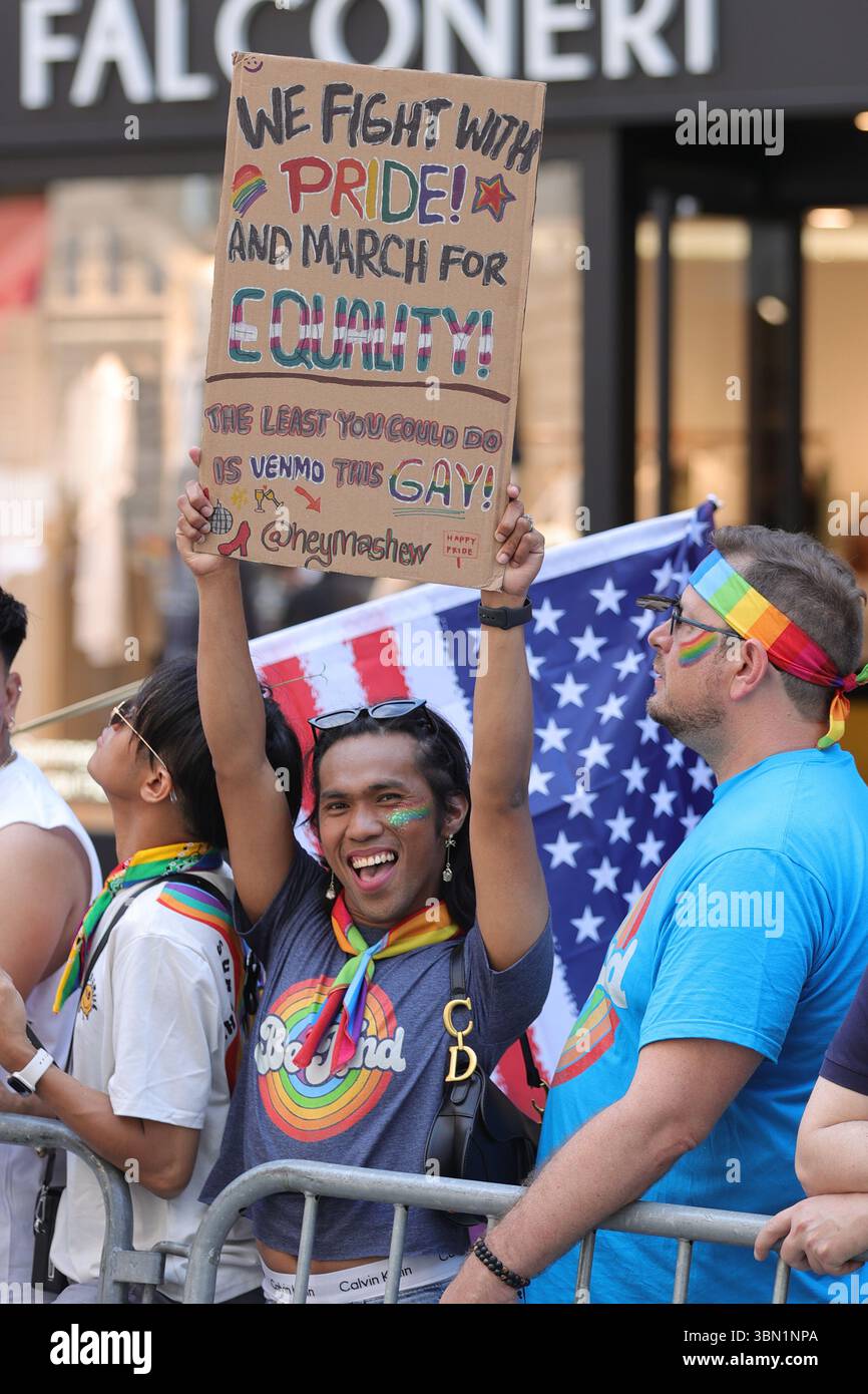 NEW YORK, NEW YORK – JUNE 29: Thousands of people participated in and marched during the 2025 ...