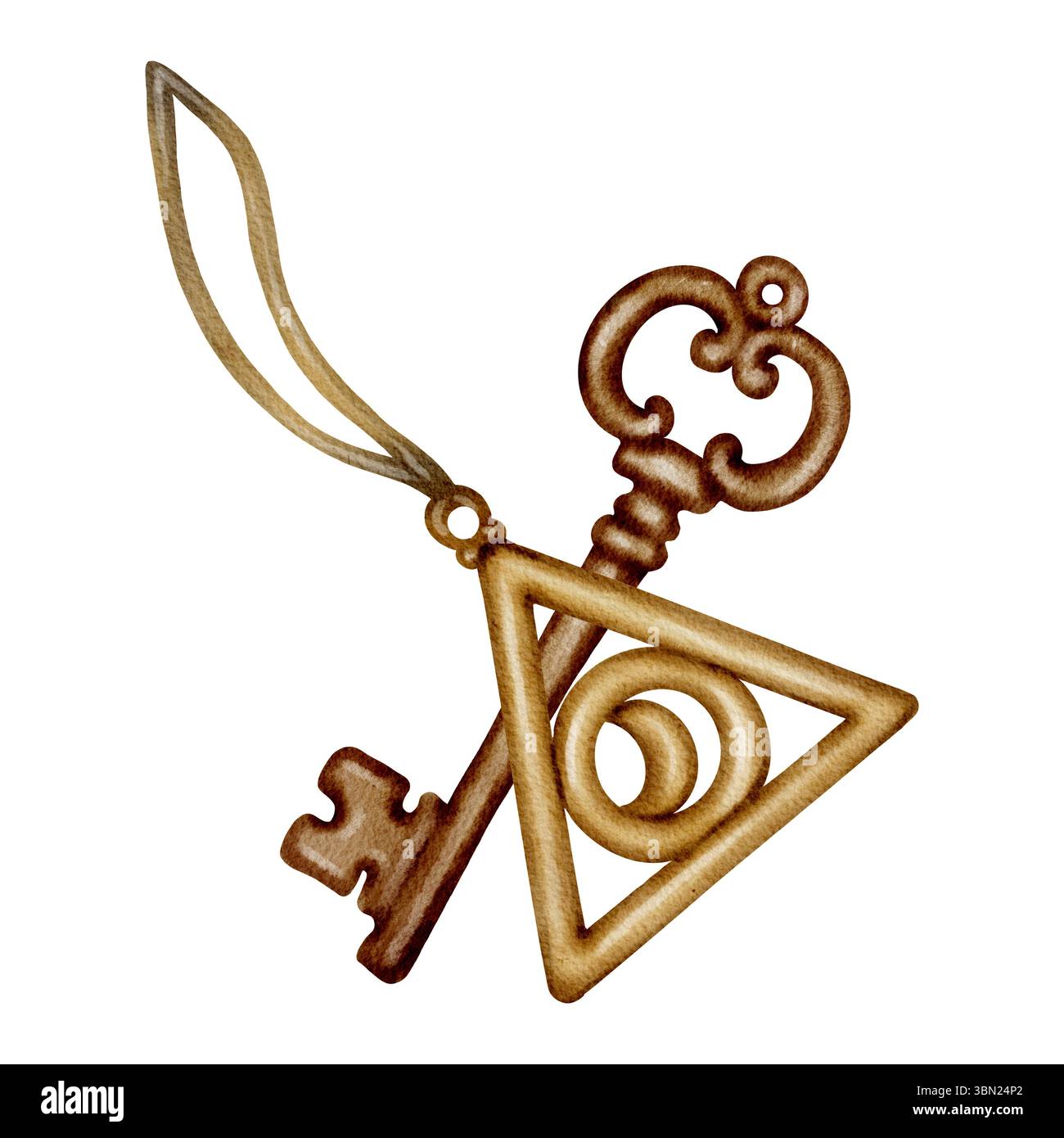 A vintage-style magic key with a hanging triangular alchemical symbol ...