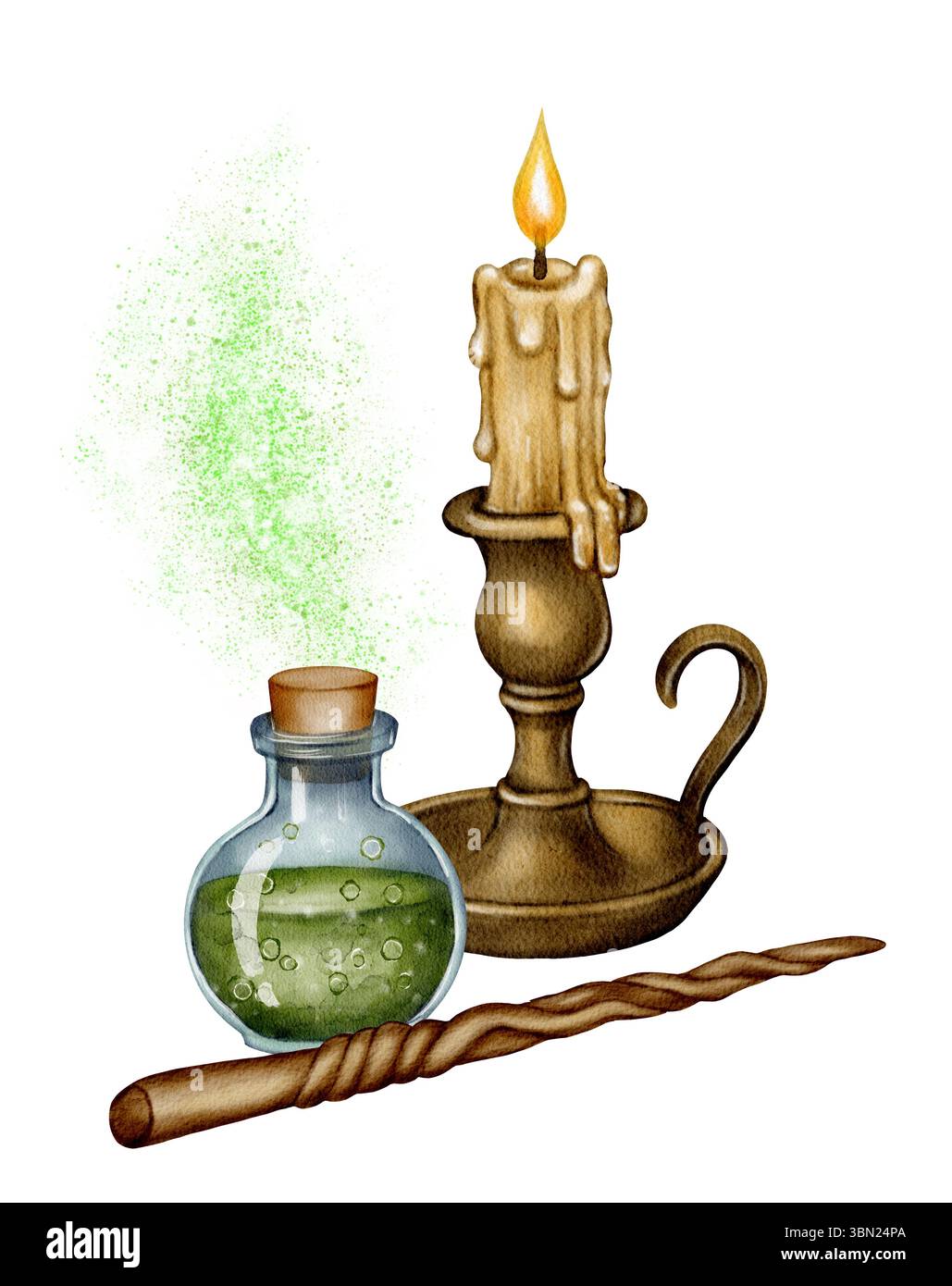 Magic potion bottle, burning candle in brass holder, and wooden wand ...