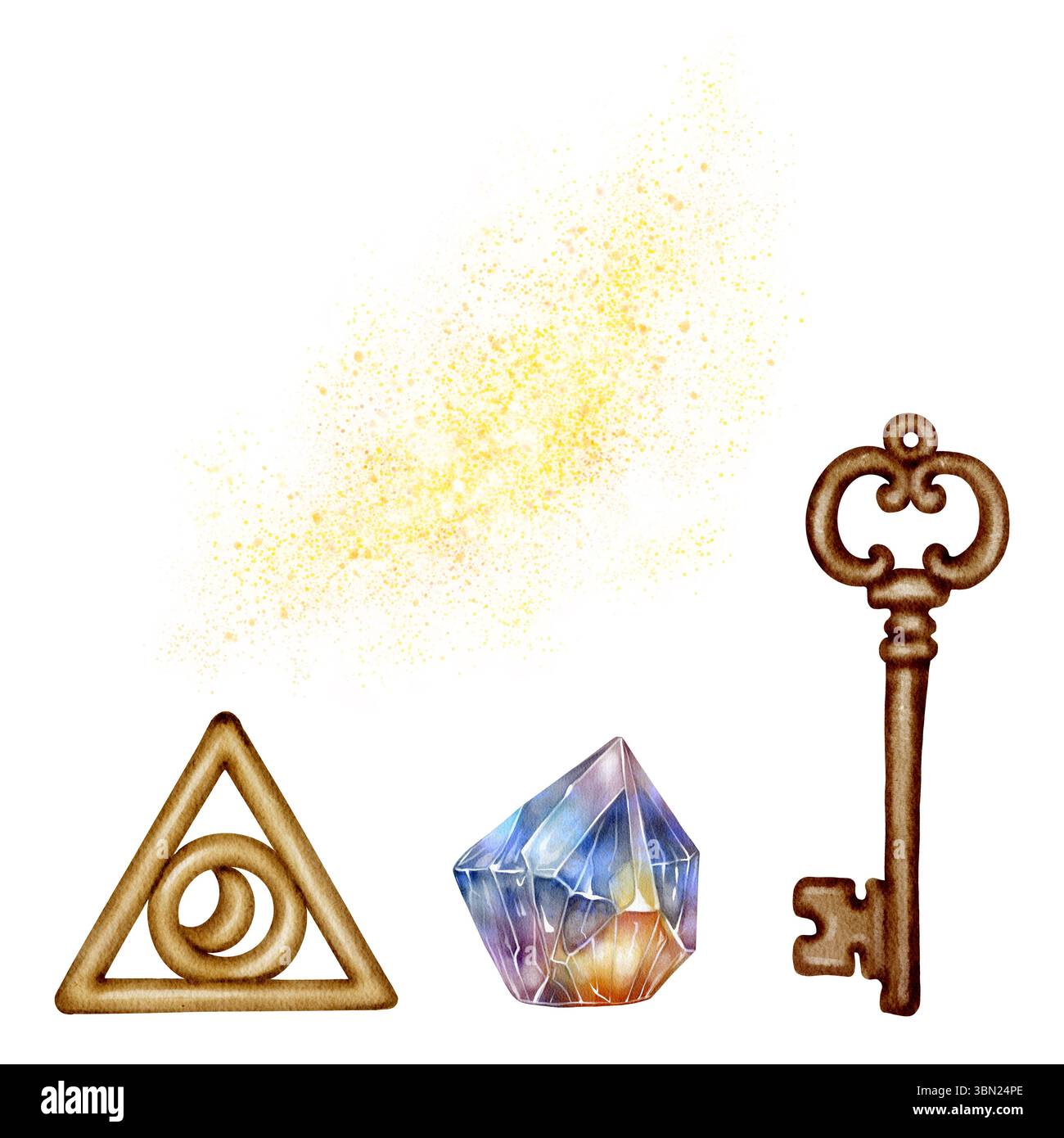 set of Golden magic key, triangle amulet, and a glowing crystal with ...