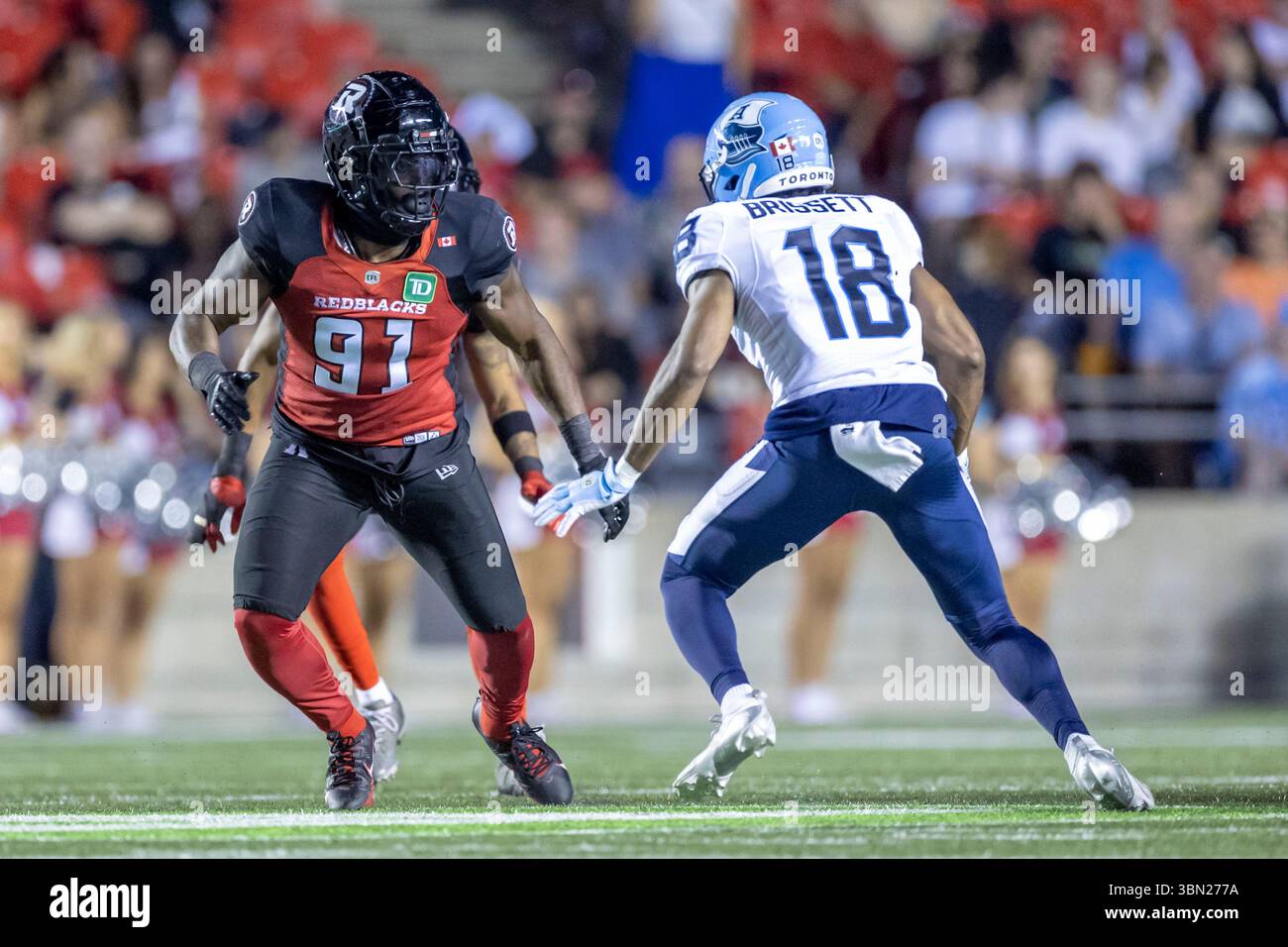 Ottawa, Canada. 29 Jun 2025. Bryce CARTER (91) of the Ottawa Redblacks. Toronto Argonauts ...