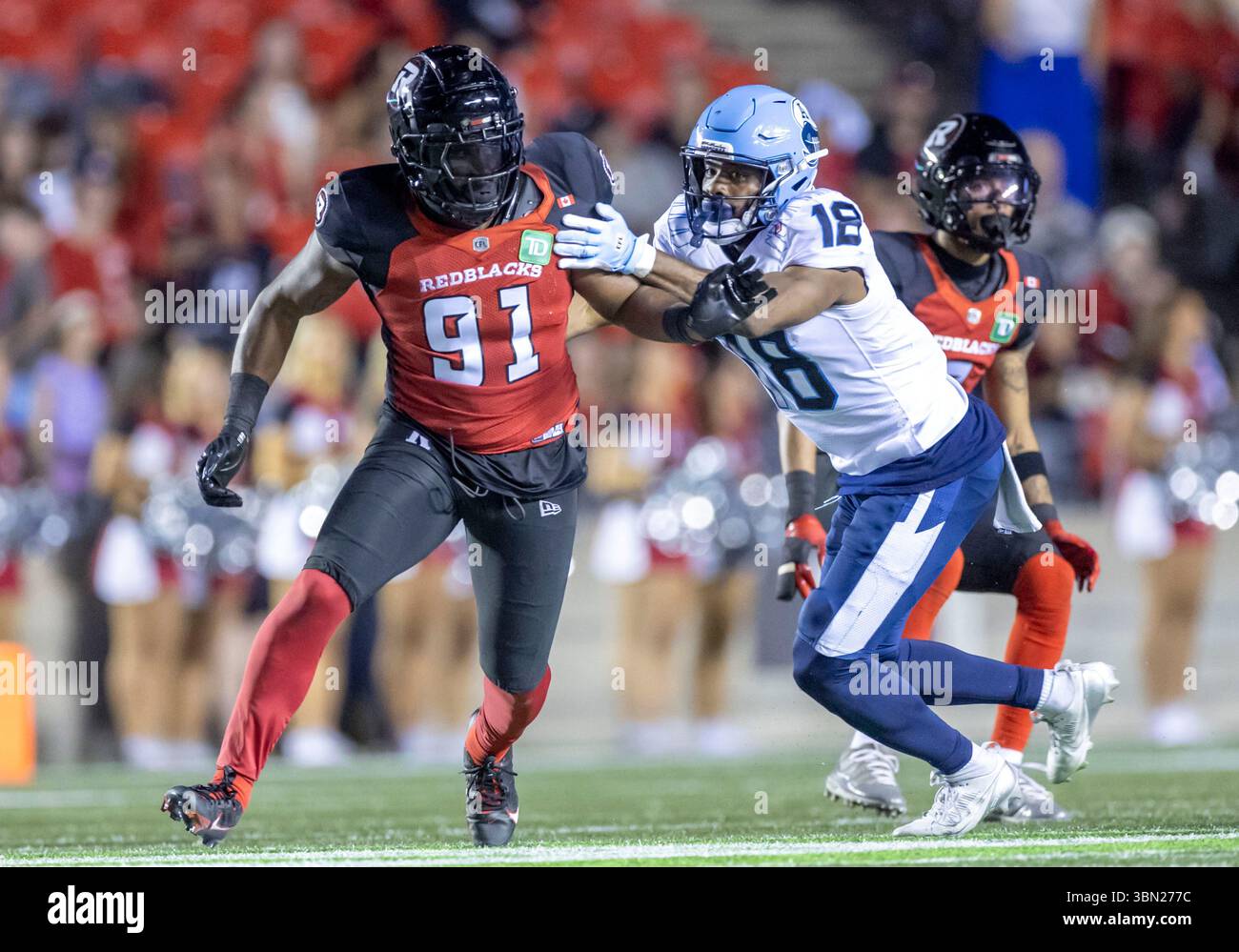 Ottawa, Canada. 29 Jun 2025. Bryce CARTER (91) of the Ottawa Redblacks. Toronto Argonauts ...