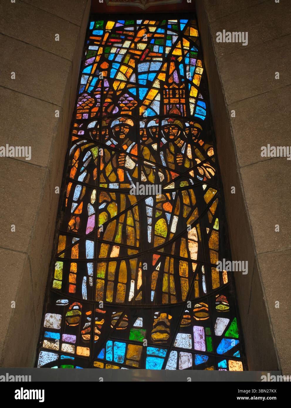 View of one of the stained glass panels, a soldier theme. At the Soviet ...