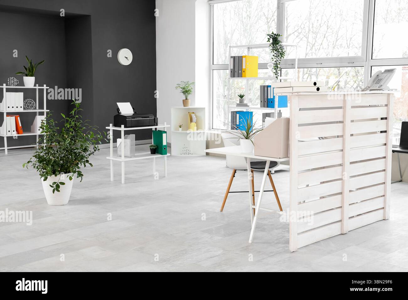 Interior of clinic with reception desk and shelf units Stock Photo - Alamy
