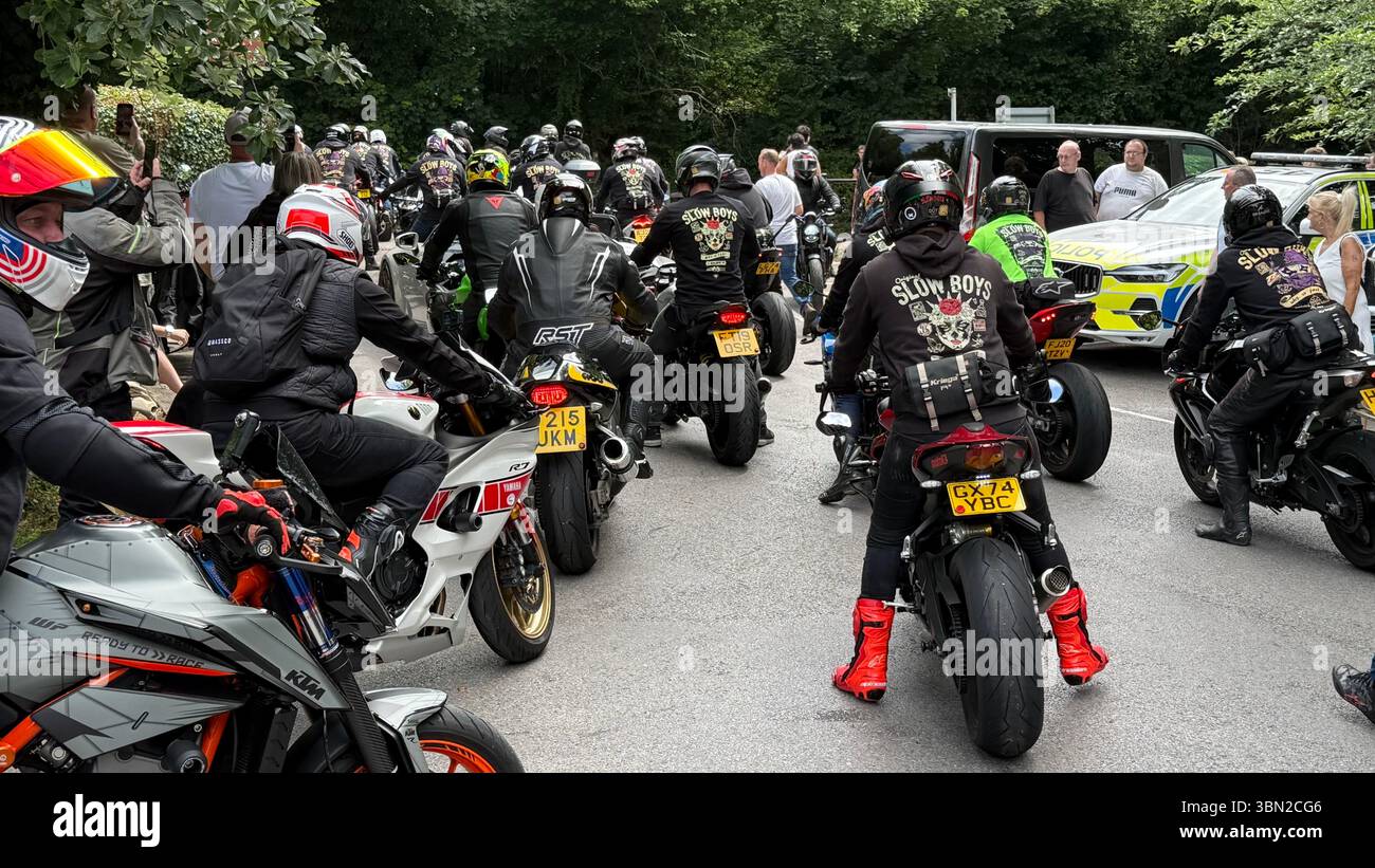 Motorcycles leaving Ryker's car park at Box Hill in Dorking, Surrey ...