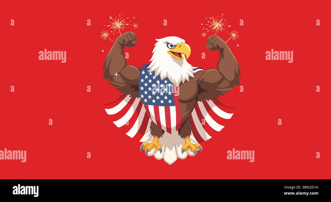 Muscular american bald eagle flexing its biceps wearing the flag of the ...