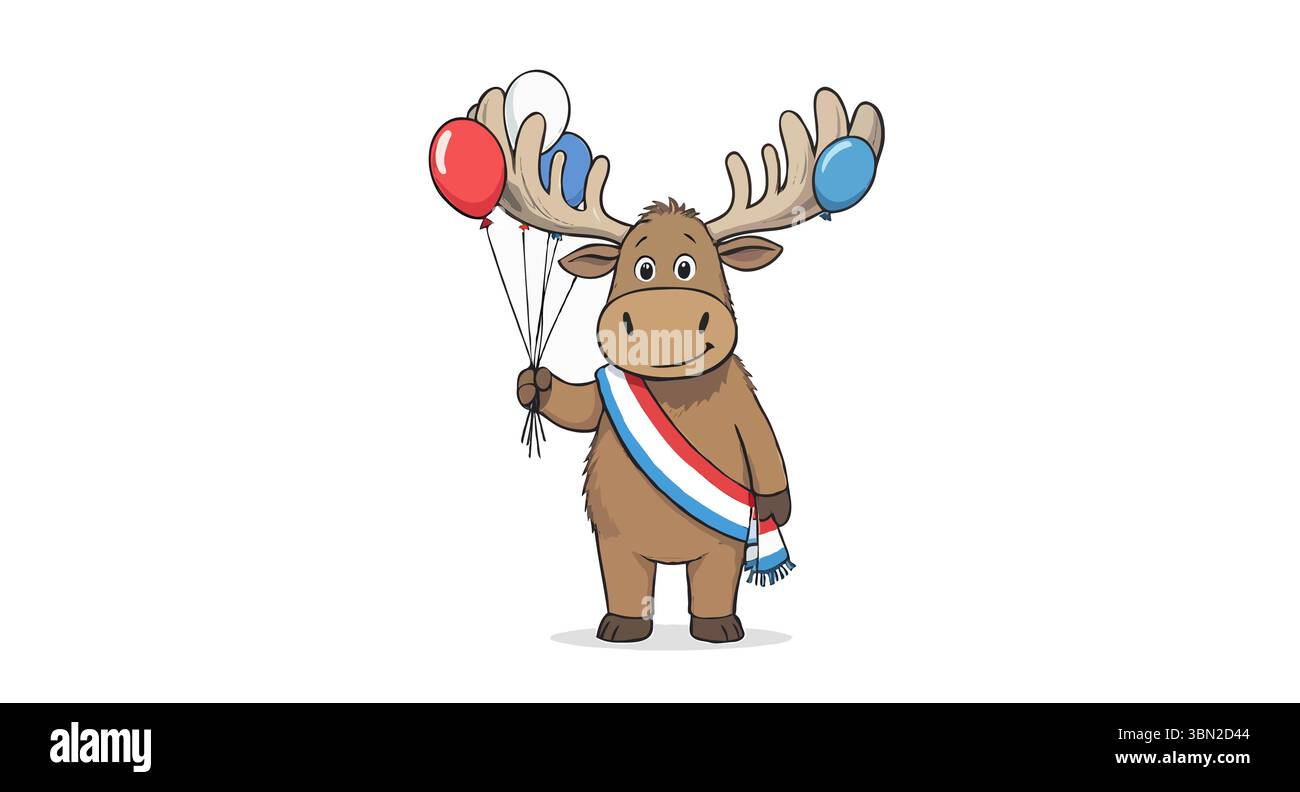 Cartoon moose wearing a red white and blue sash holding balloons Stock ...