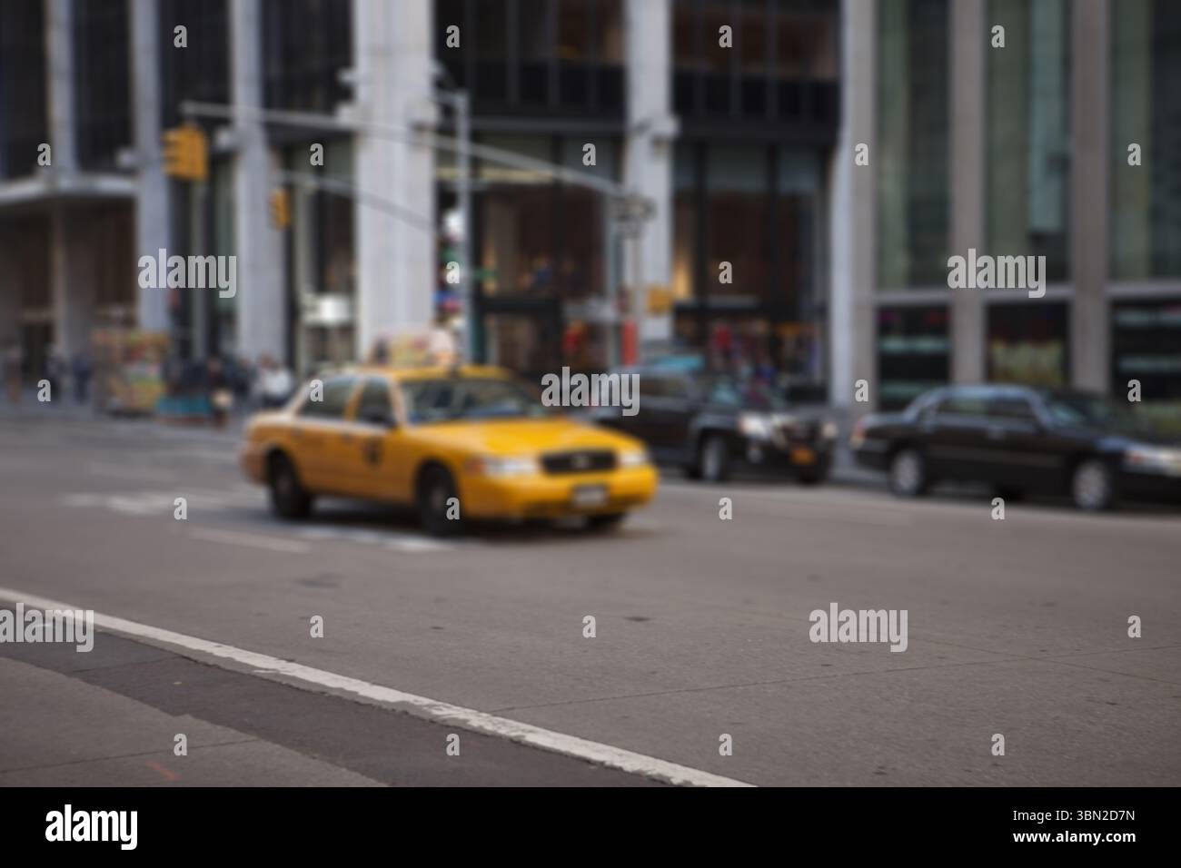 Yellow taxi cab is navigating busy urban street in flat design with ...