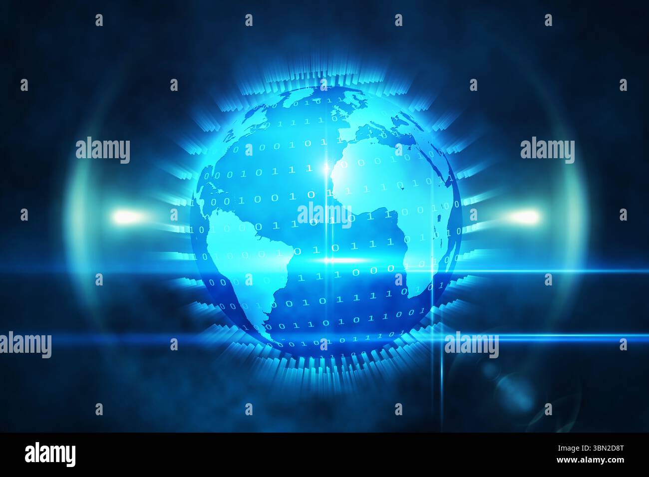 High-tech globe rotating in dark virtual space, showing binary code ...