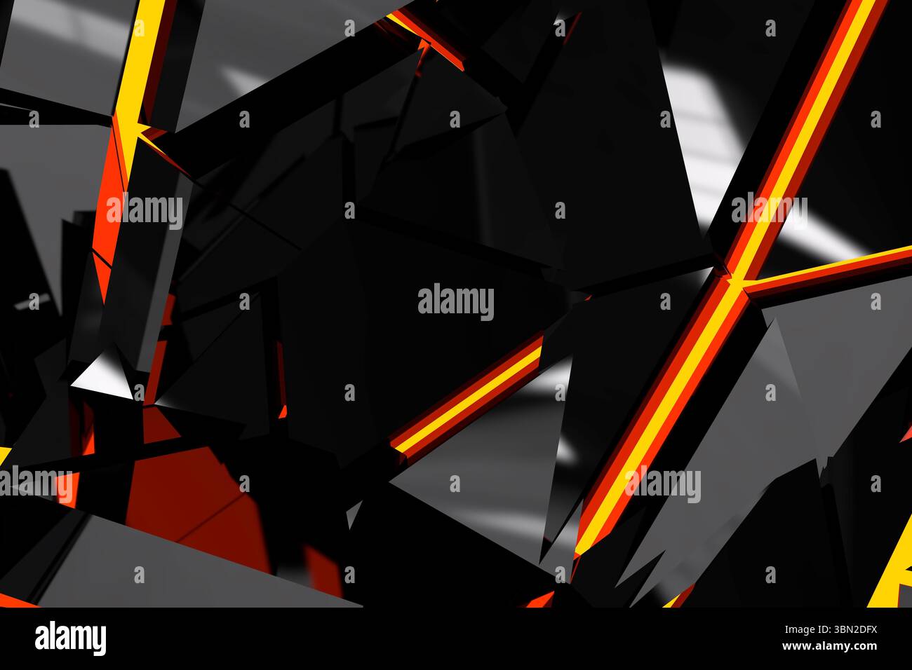 Abstract angular structure is floating in 3D render void featuring ...