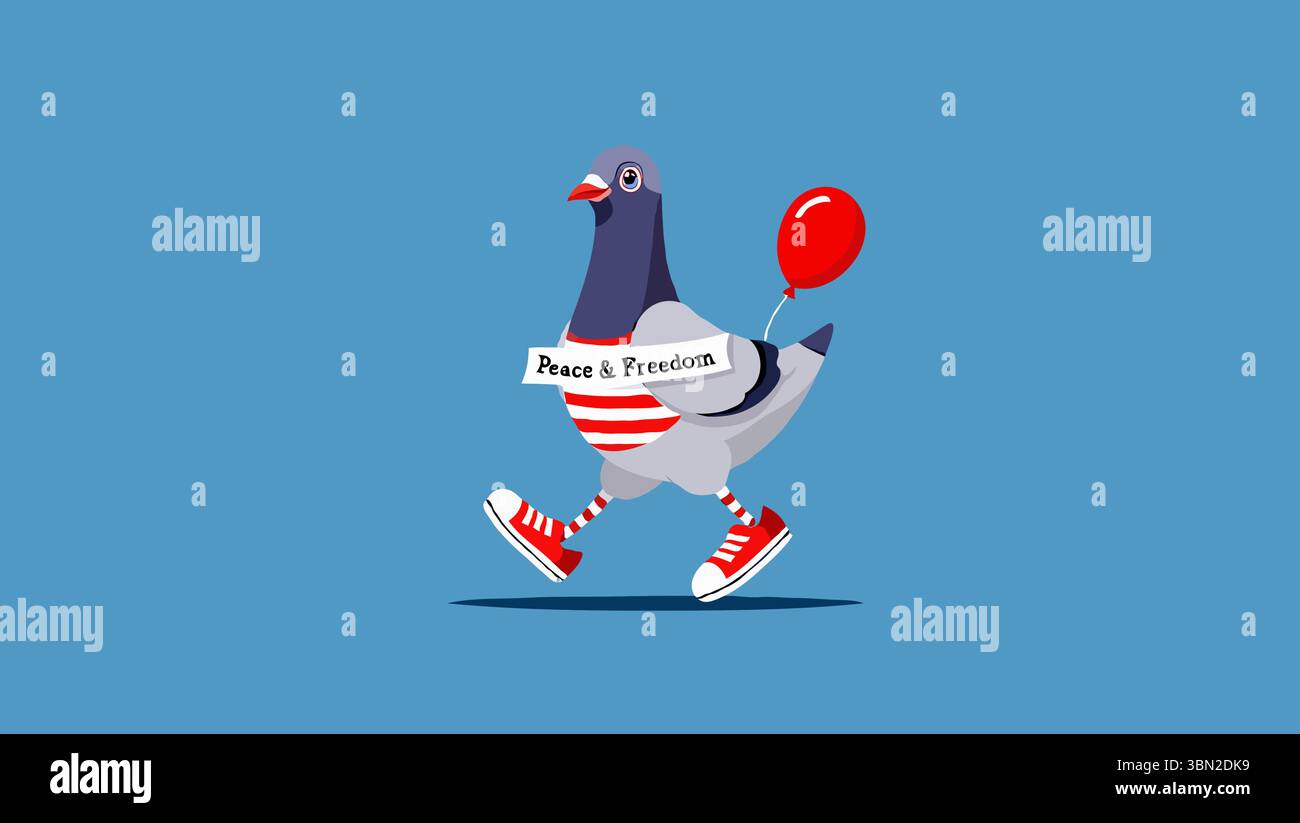 Cartoon pigeon wearing sneakers and holding a red balloon with peace ...