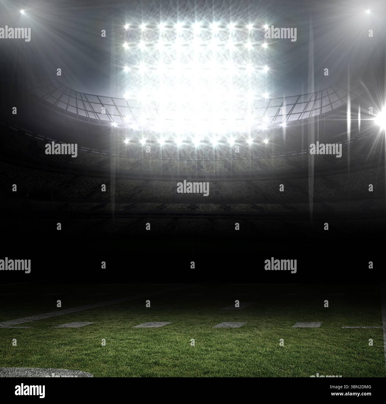 Bright stadium floodlight array is glowing in flat design over seating ...