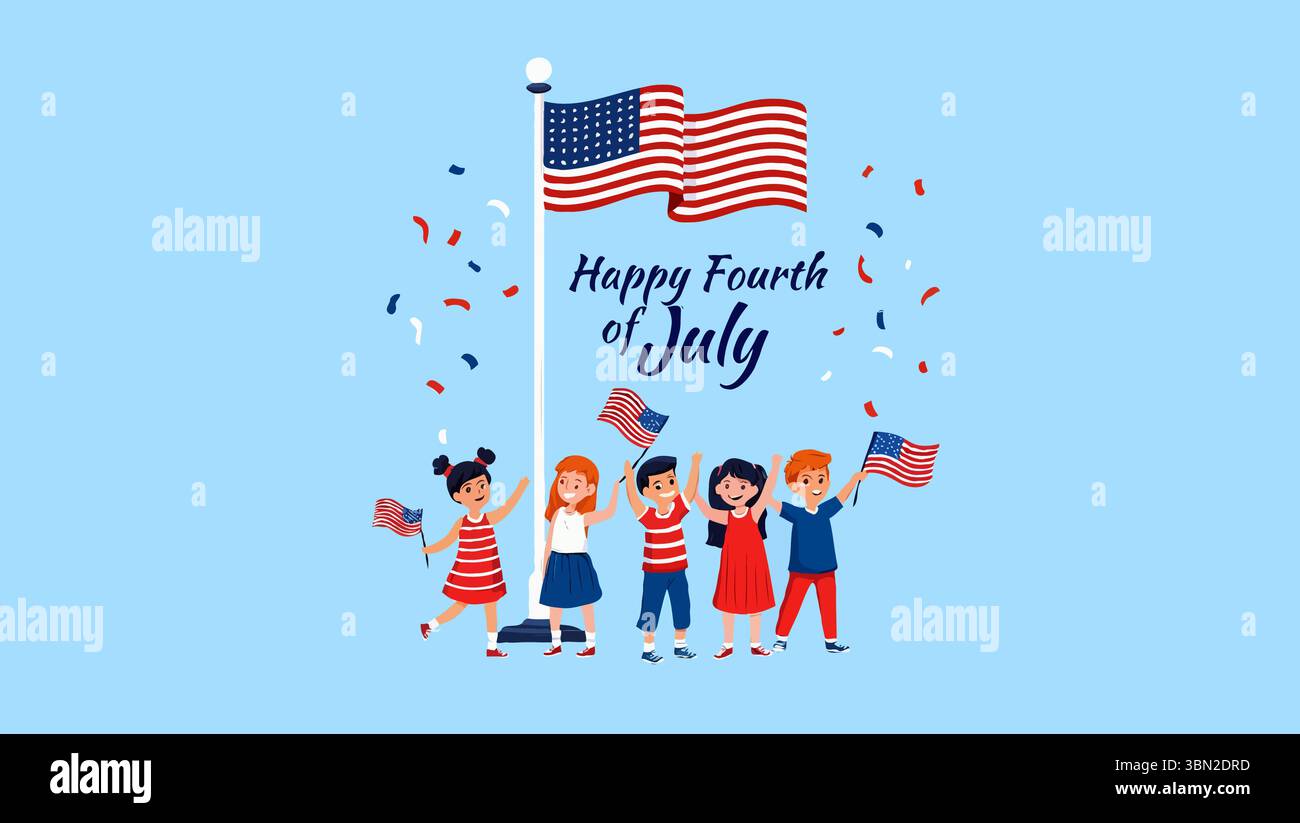 Diverse group of happy children celebrating fourth of july with ...