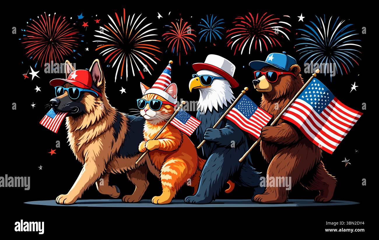 Patriotic animals including a dog cat eagle and bear march with ...