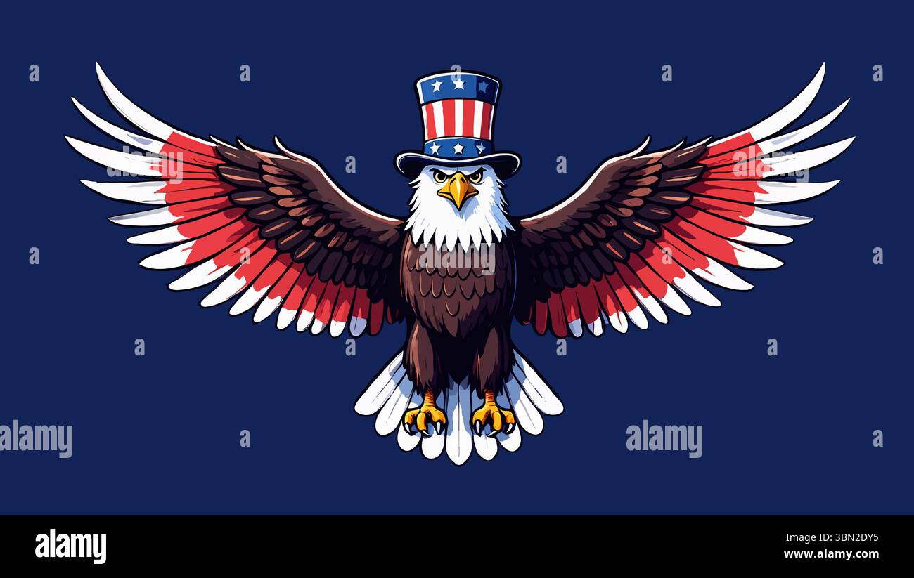 Patriotic bald eagle wearing uncle sam hat with american flag wings spread wide Stock Vector ...