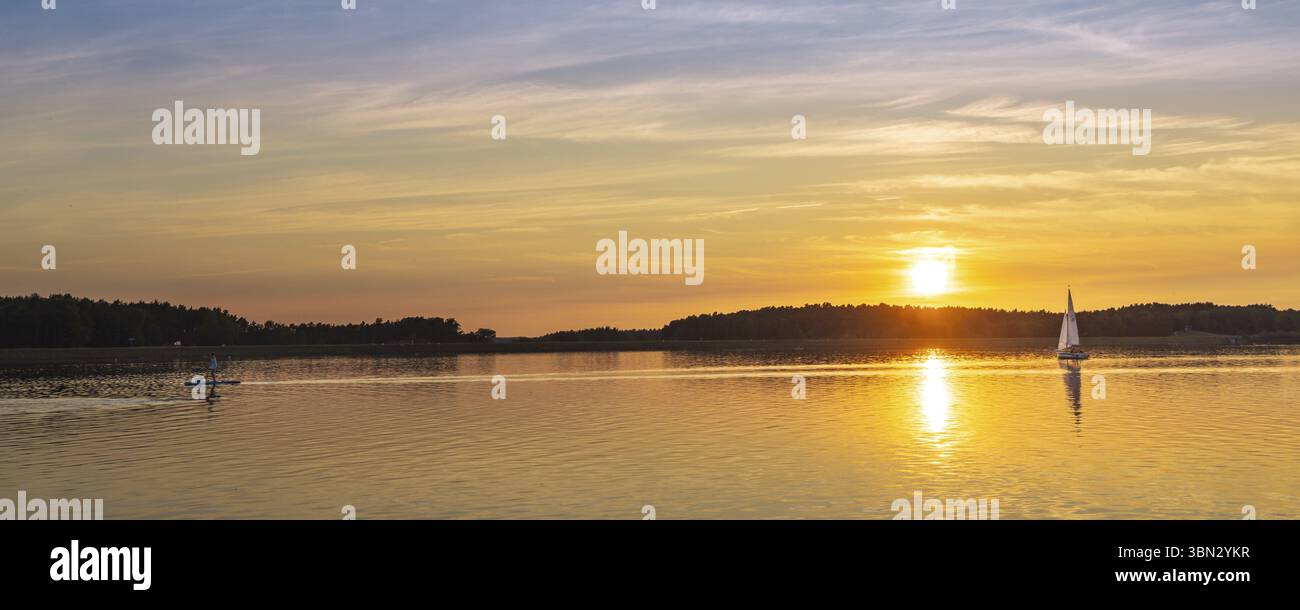Panoramic summer landscape of Lake Rothsee during sunset near Nuremberg ...
