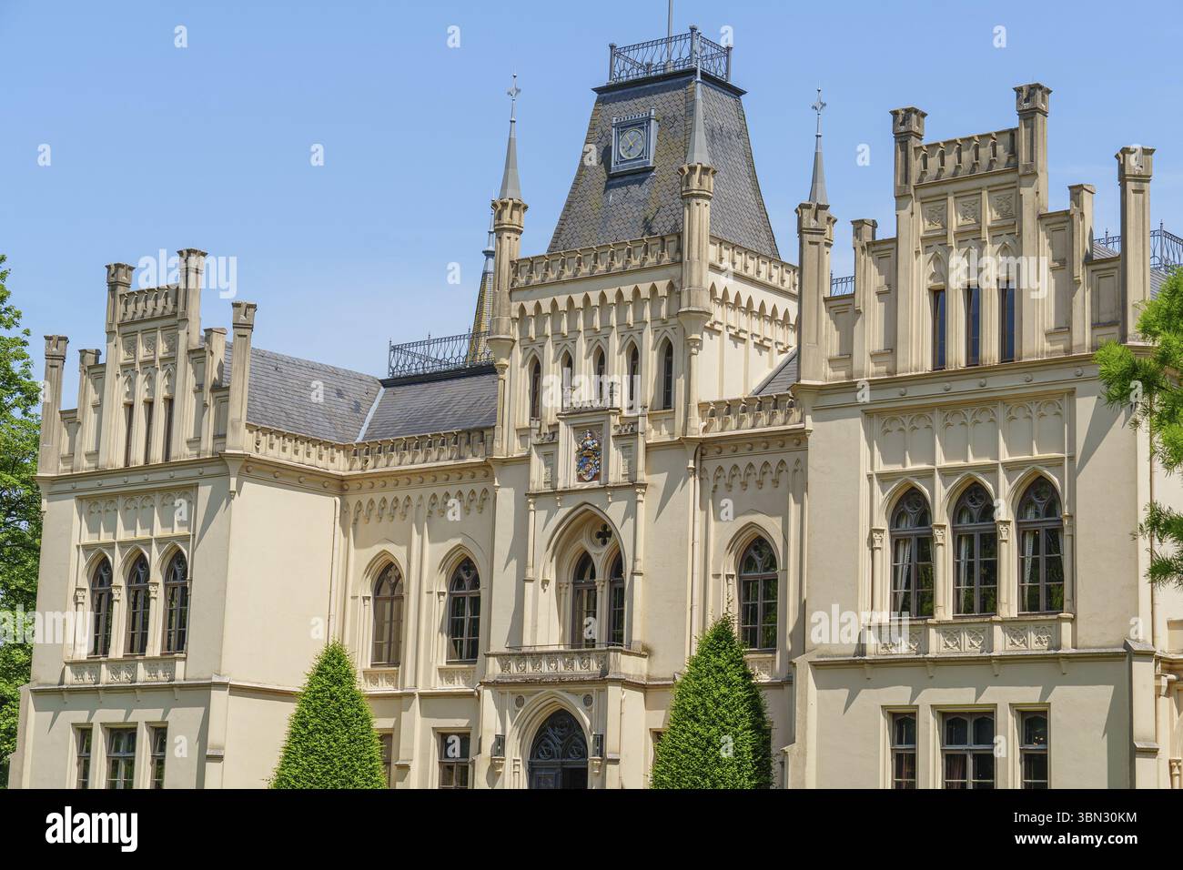 A historic neo-Gothic castle with towers and many windows, surrounded ...