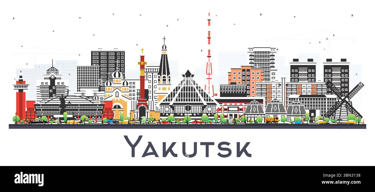 Yakutsk Russia city skyline with color buildings isolated on white ...