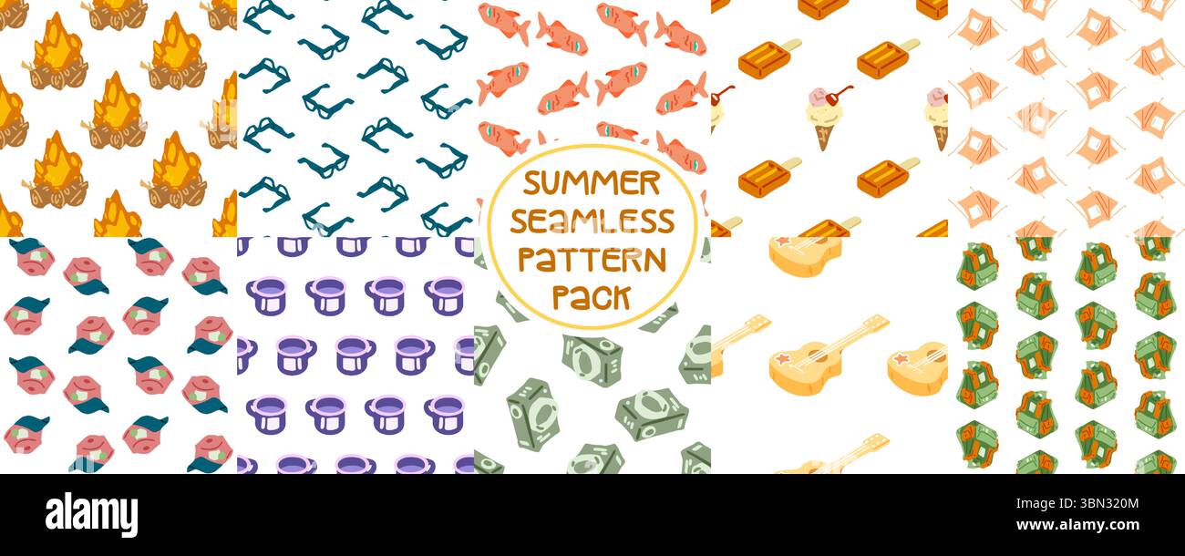 Pack of seamless summer patterns with campfires, sunglasses, fish ...