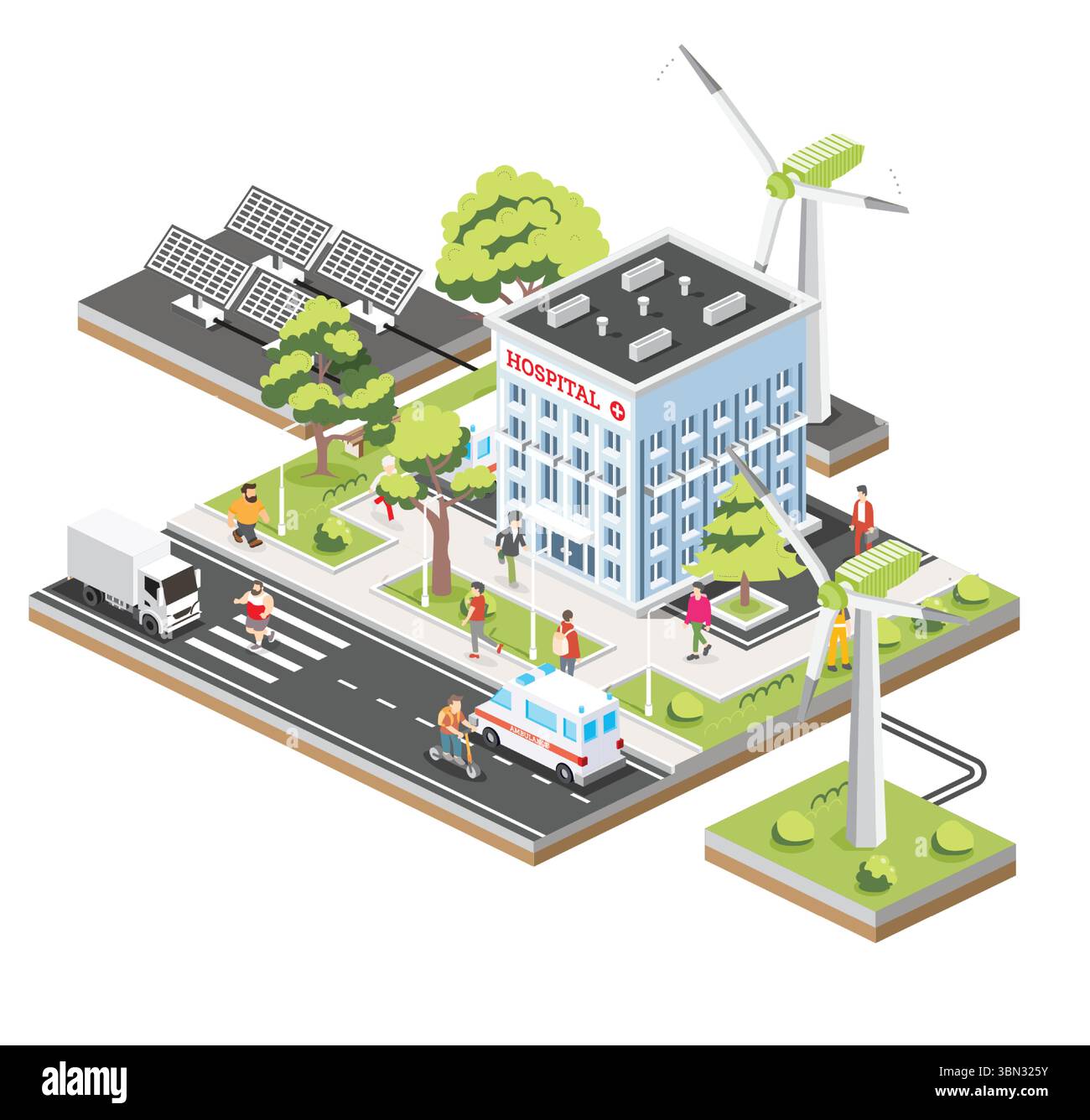 Isometric city scene with a hospital, ambulance, solar panels, wind ...
