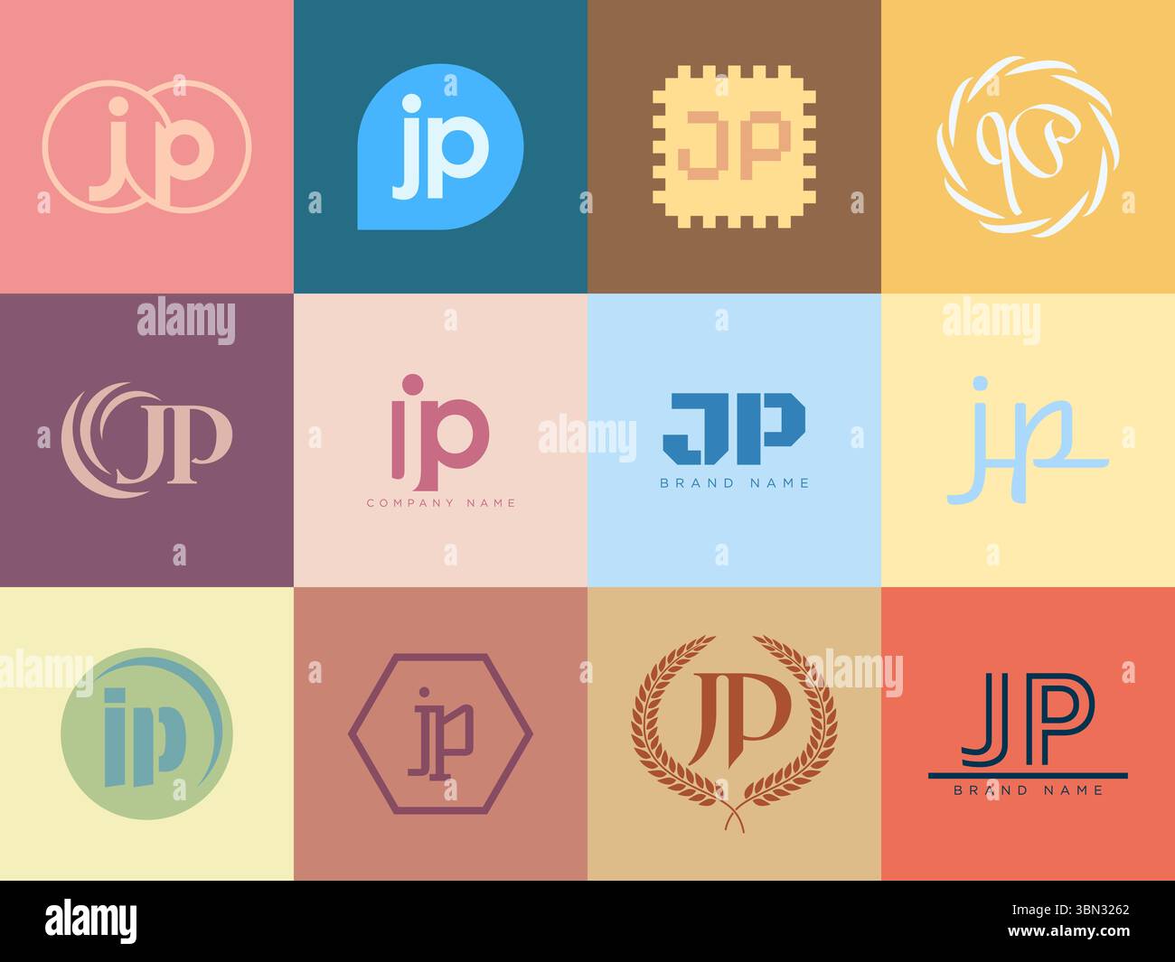 JP logo company template. Letter j and p logotype. Set different ...
