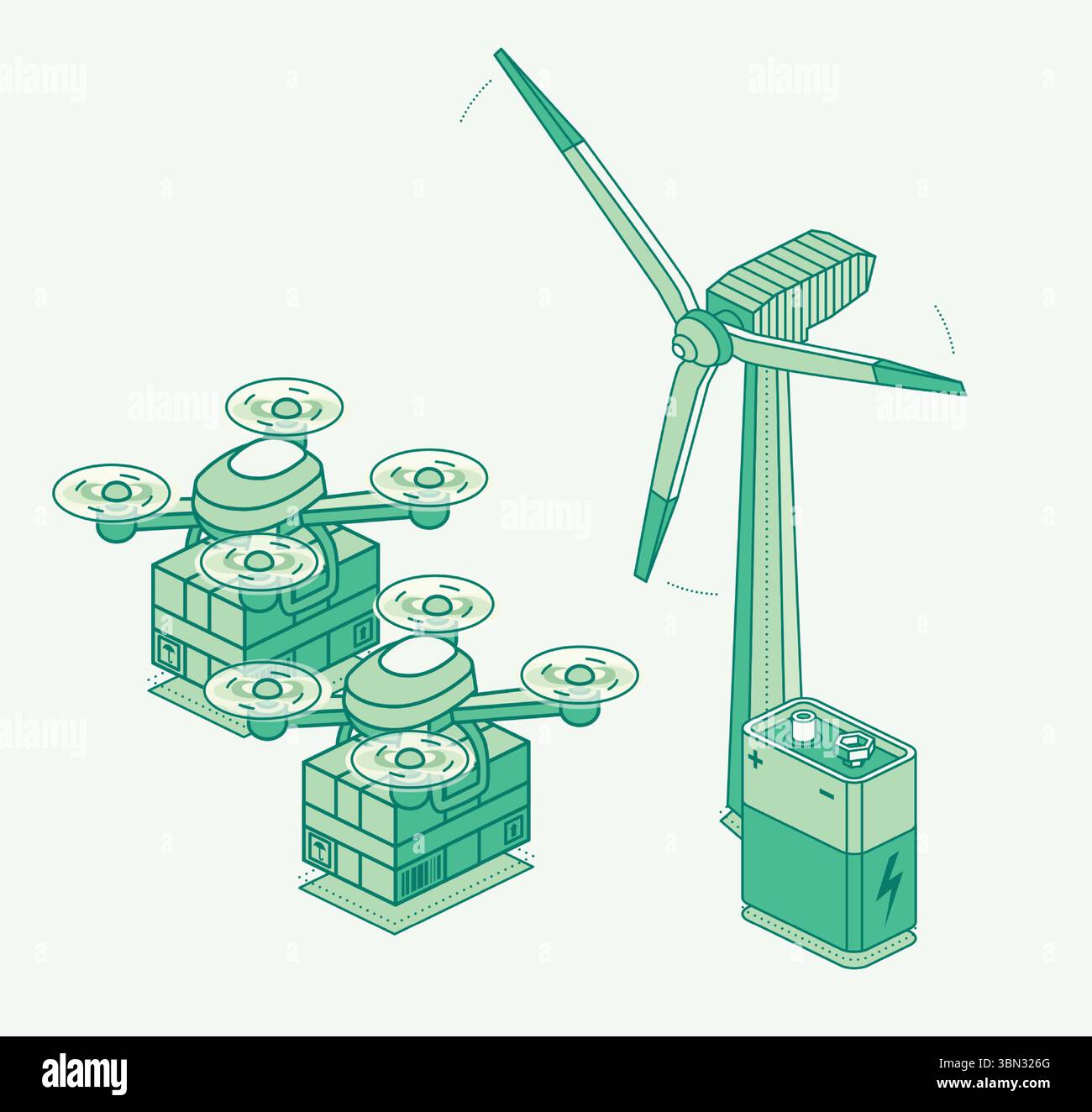 Isometric illustration of delivery drones carrying packages, powered by ...