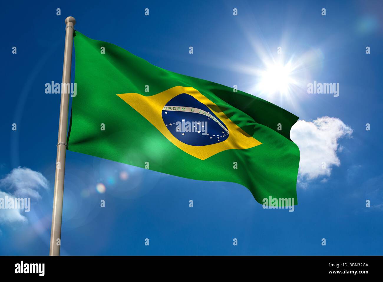 Brazil national flag on blue sky background Stock Photo - Alamy