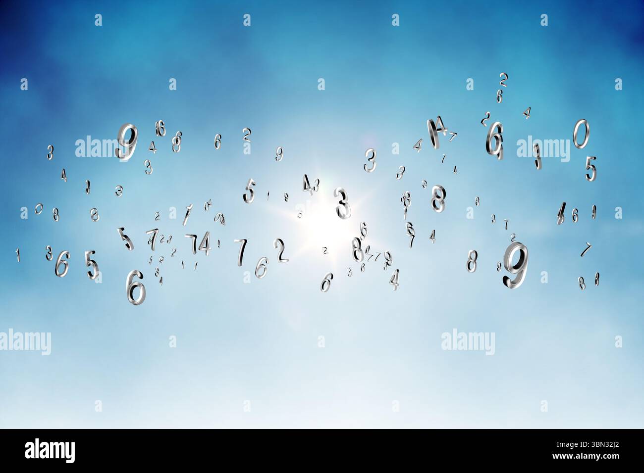 3D silver digits are floating in wave formation against bright blue sky ...