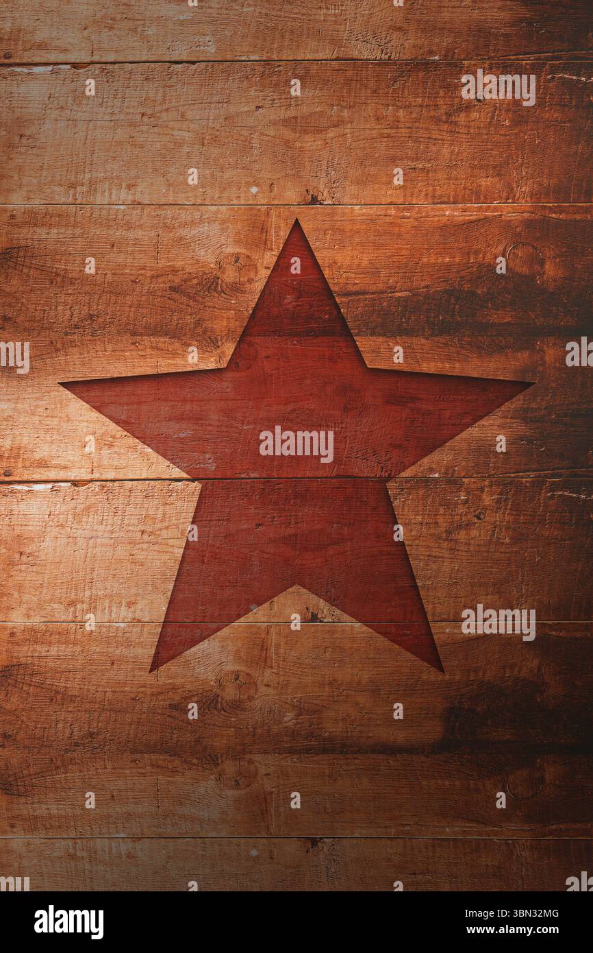 Red five-pointed star is appearing on rustic plank wall in flat design ...
