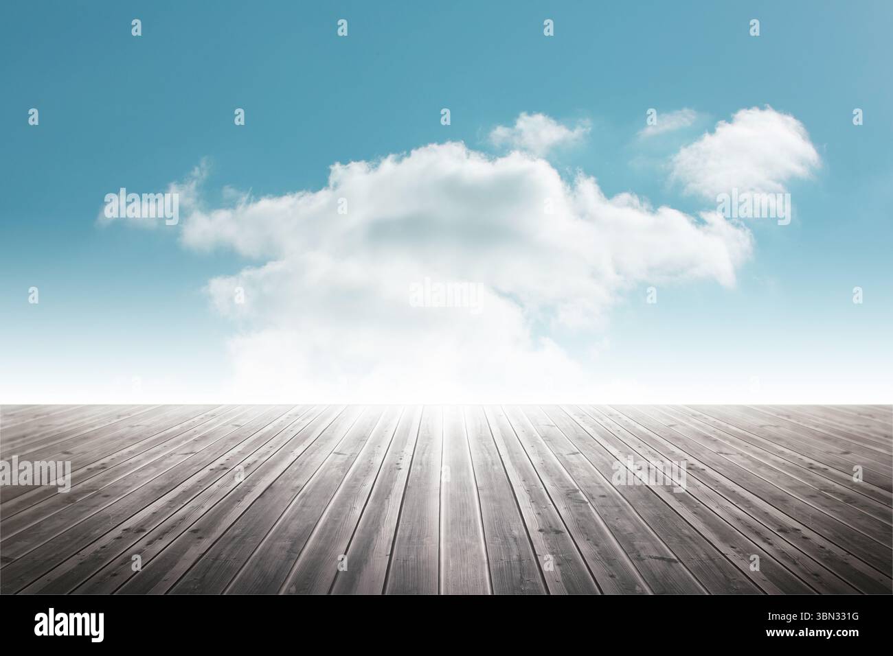Single cumulus cloud floating above wooden plank deck in flat design ...